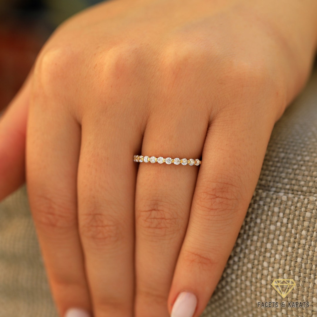 Floating Diamond Wedding Band 14K Solid Real Gold With Simulated ...