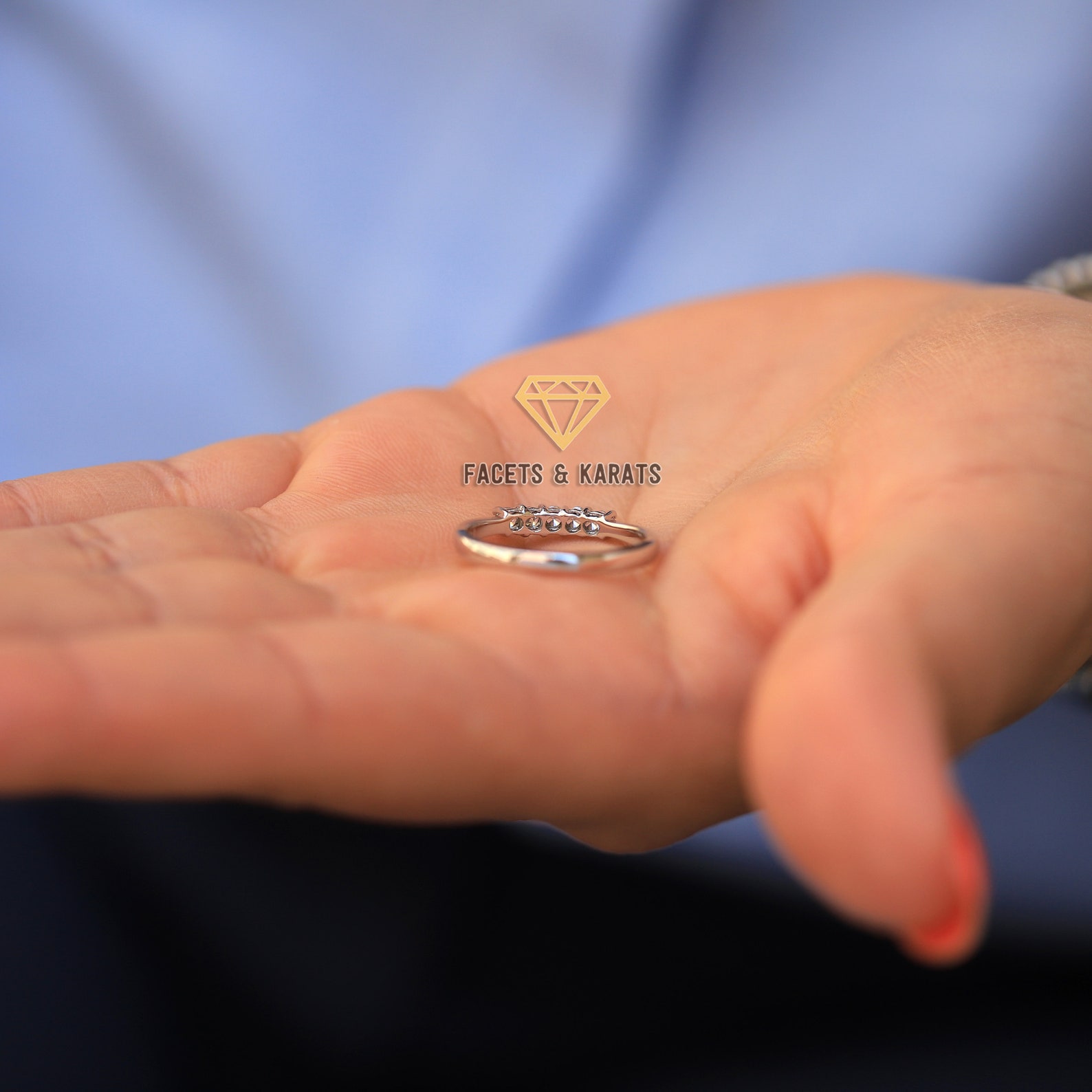 14K Solid Real White Gold Low-Profile 5 Stone Simulated | Etsy