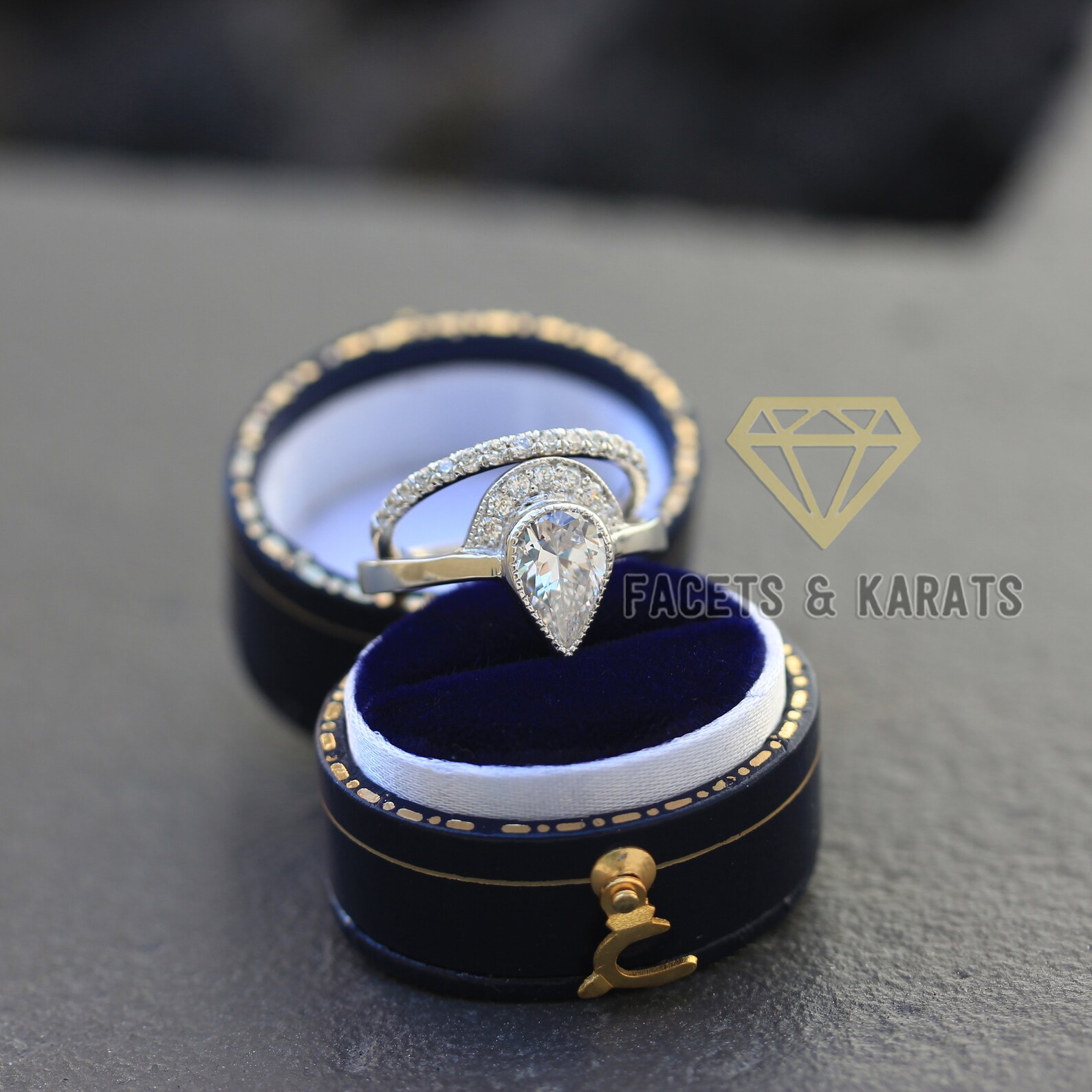 Engagement Ring and Wedding Band Wedding Ring Set Bezel Set - Etsy