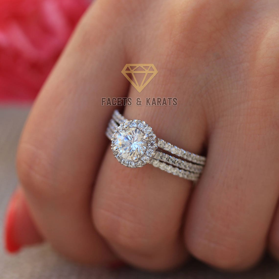 Platinum Engagement Ring and Double Wedding Band Bridal Set - Etsy