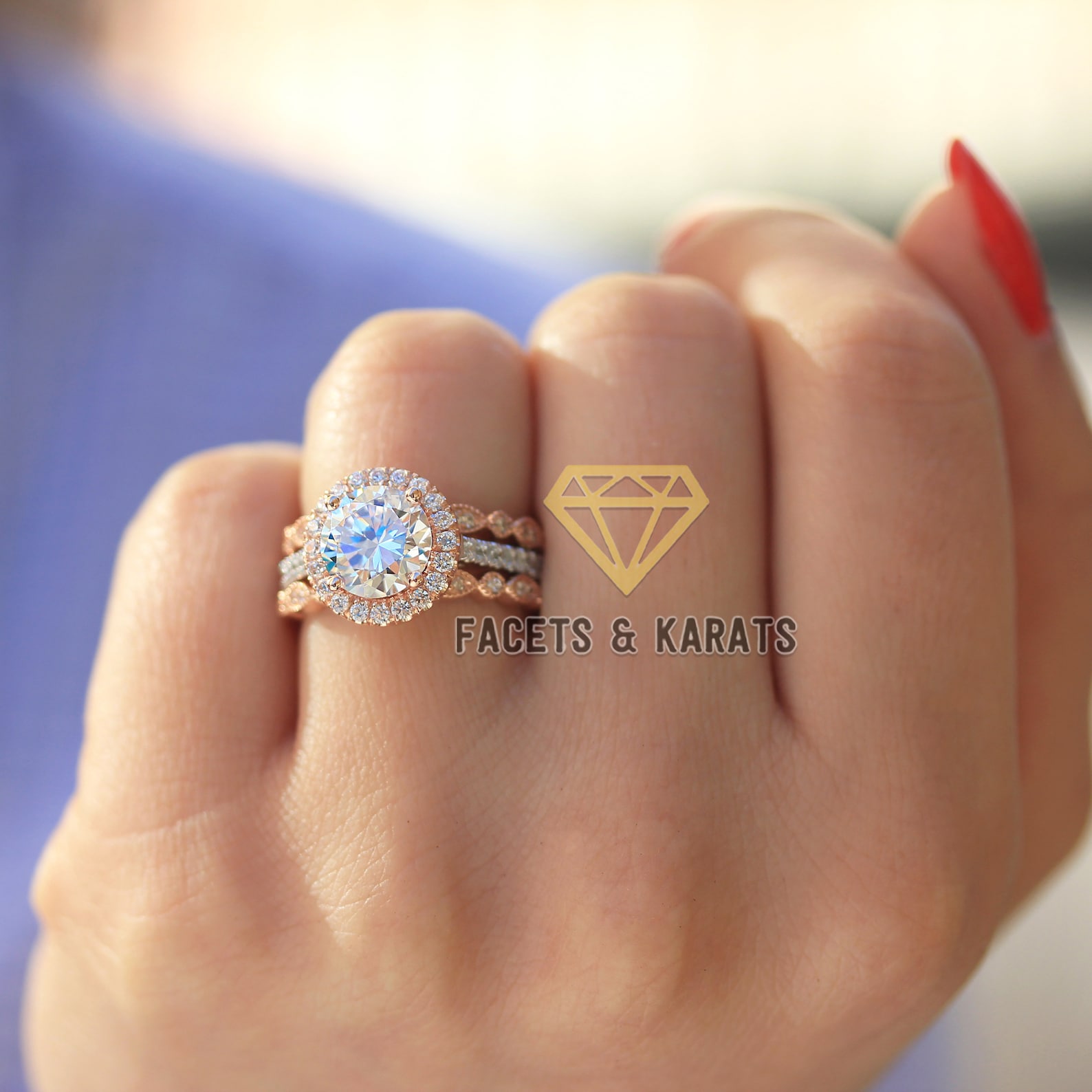 Wedding Ring Set for Her, Wedding Ring 3 Piece Trio Set, 14k Solid Gold ...