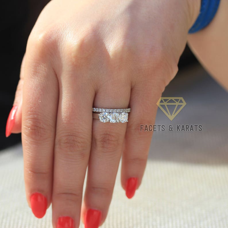 Three Stone Wedding Ring Set Bridal Set 14k White Gold - Etsy