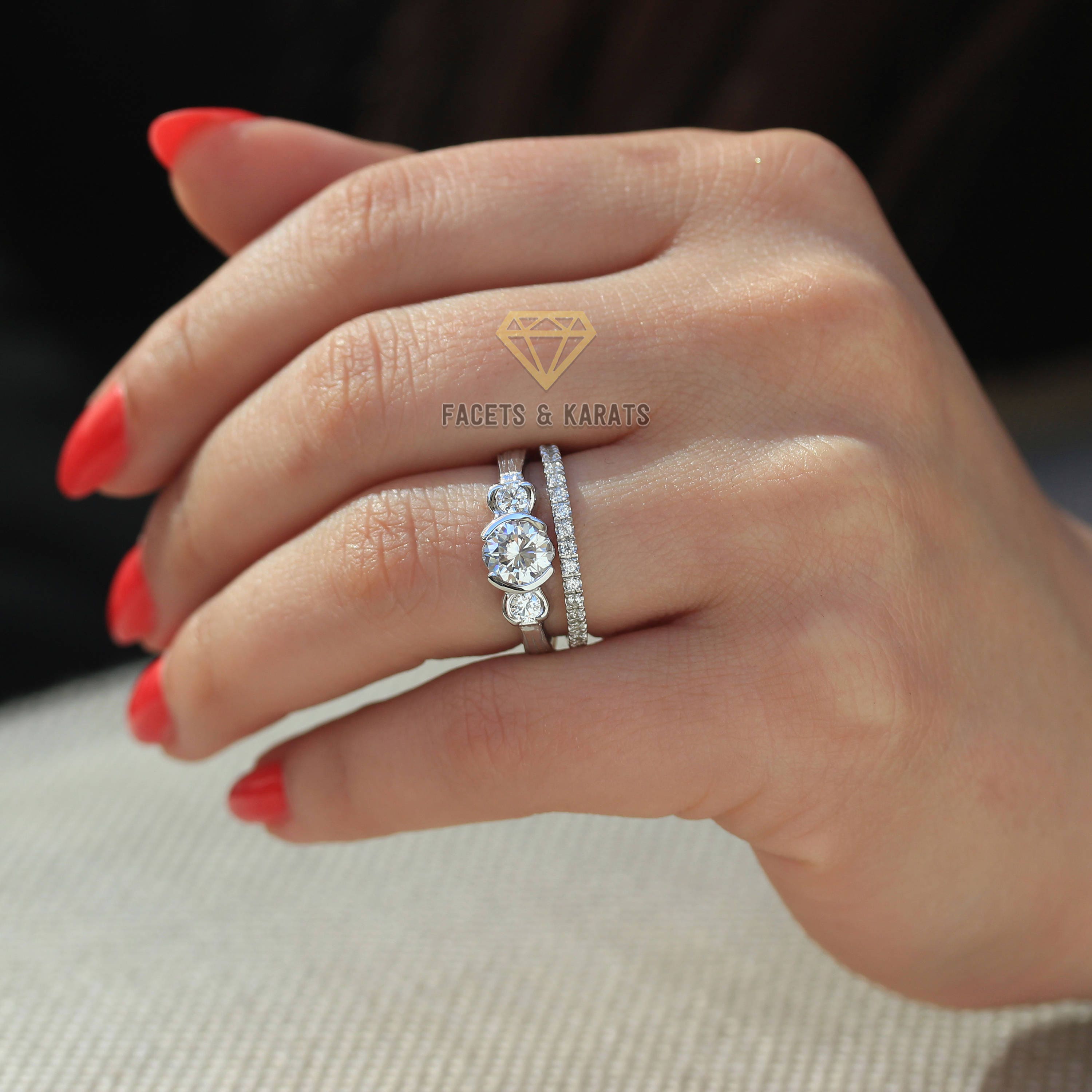 Bezel Set Three Stone Engagement Rings Sets- Wedding Band, 1.75 Carats ...