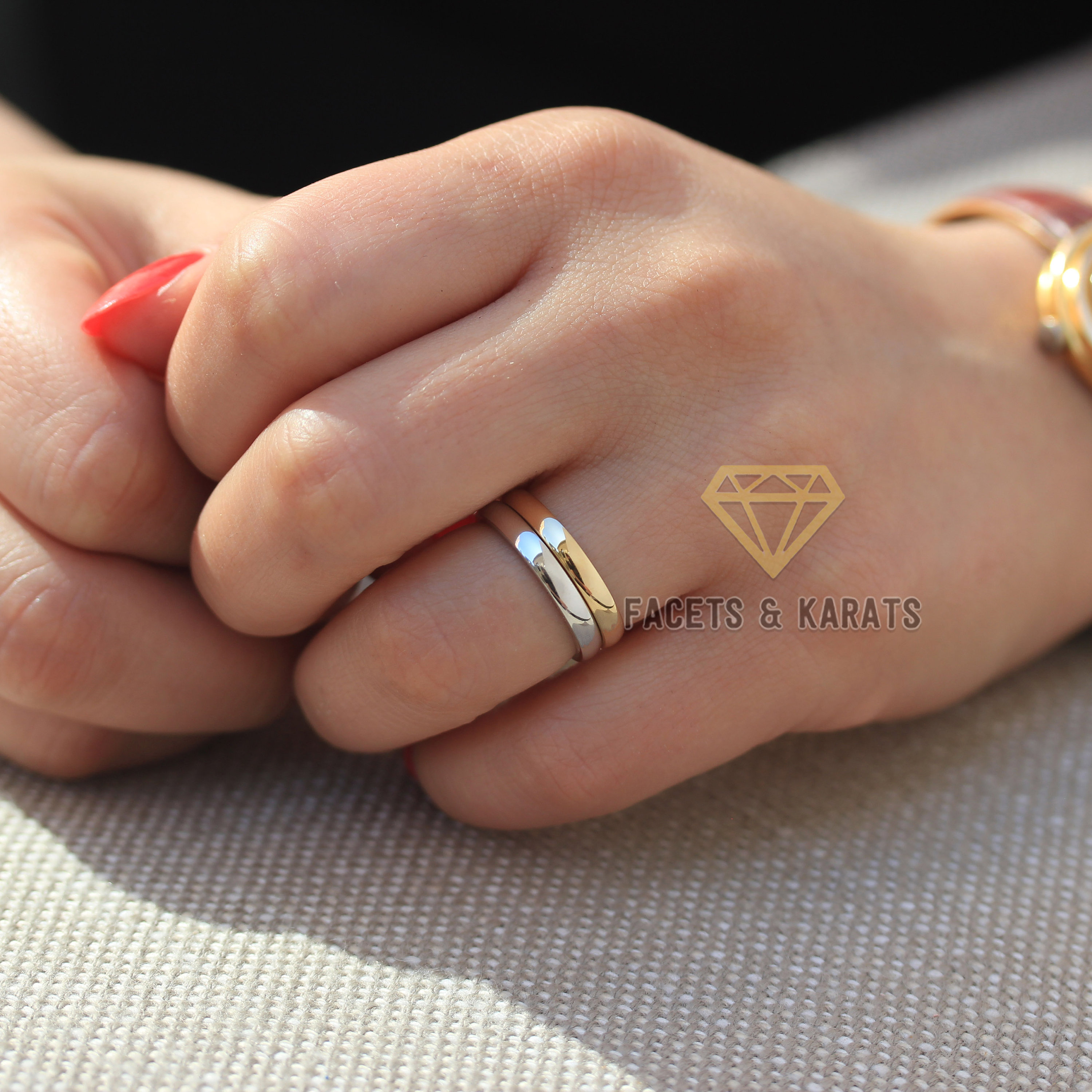 Tri Color Wedding Bands In 14K Solid Gold, Couples Matching