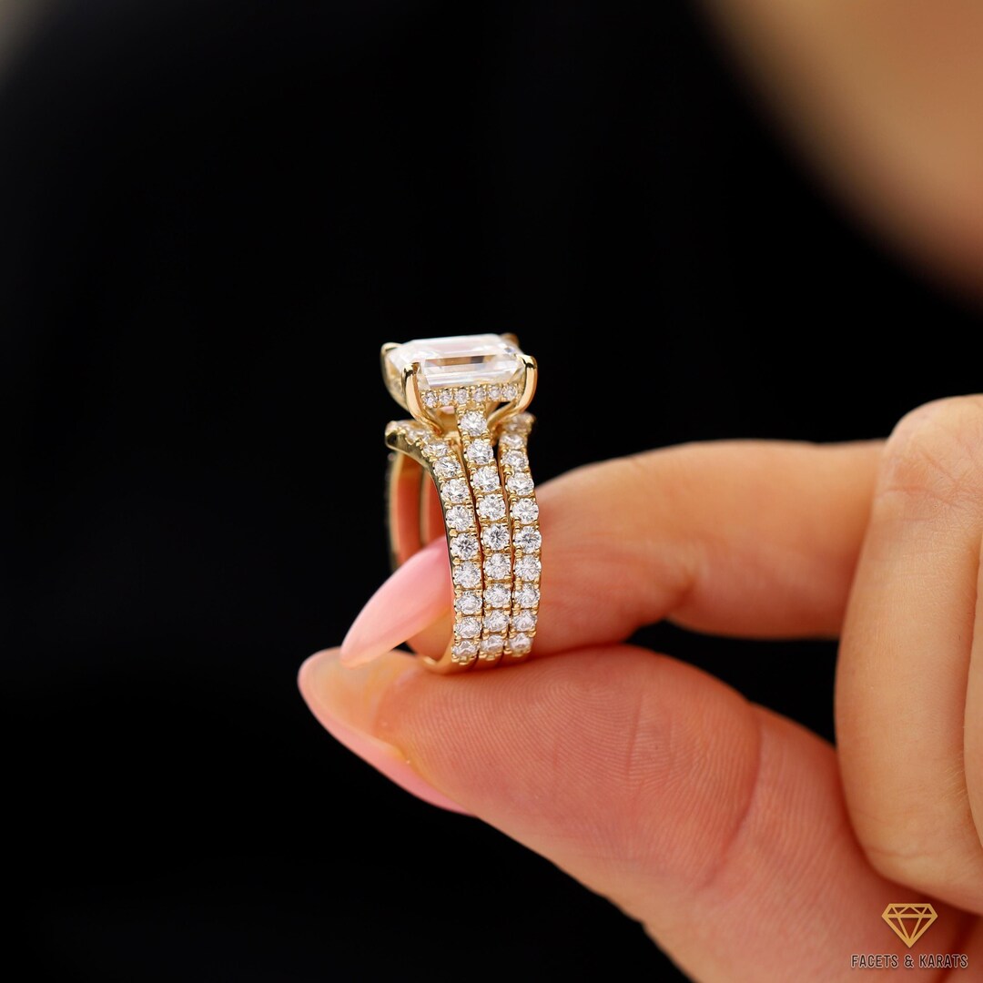 10x8mm Emerald Cut Moissanite 3 Piece Wedding Ring Set for Her, Womens ...