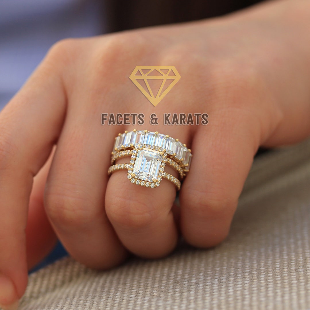 14K Yellow Gold Emerald Cut Wedding Ring Set of 3 Emerald Cut ...
