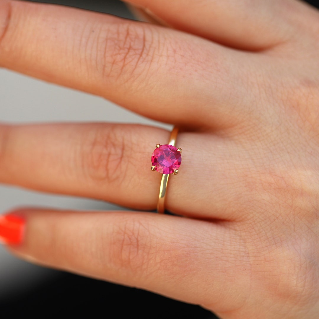 14K Yellow Gold Ruby Solitaire Ring, Lab Created Ruby Alternative ...