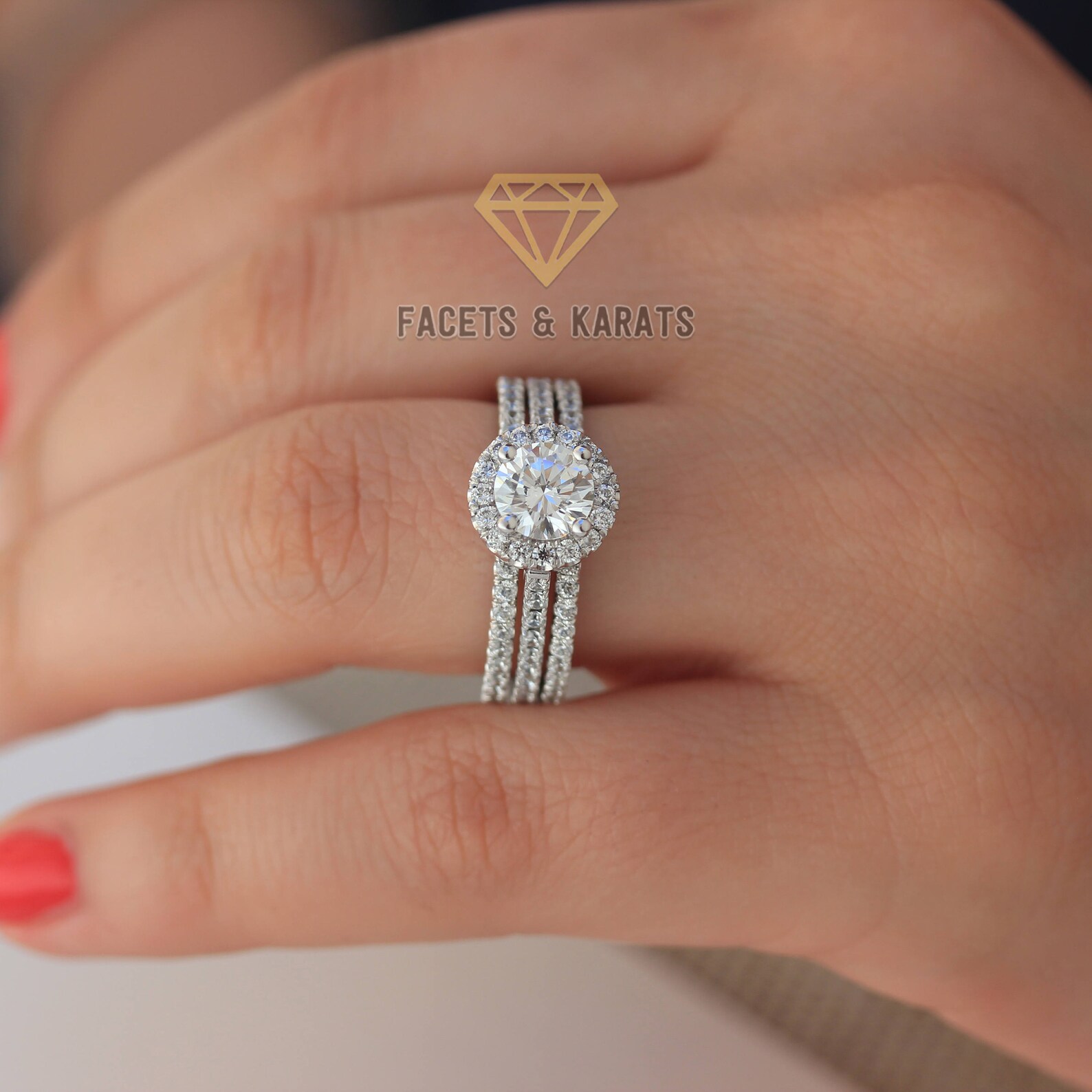 Platinum Engagement Ring and Double Wedding Band Bridal Set - Etsy