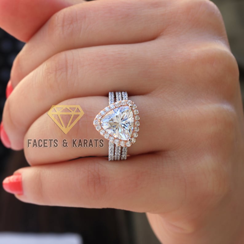 3 Carat Trillion Cut Engagement Ring Halo Wedding Ring Set | Etsy