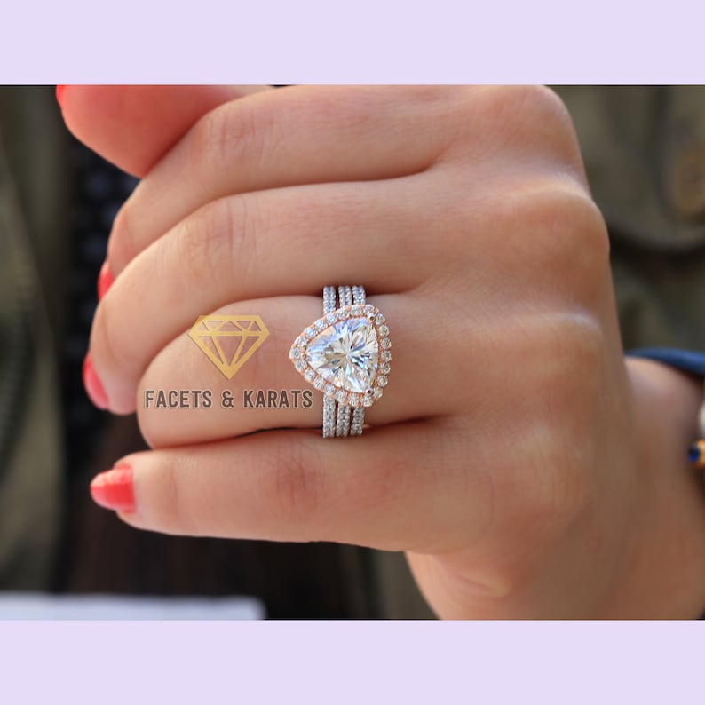 3 Carat Trillion Cut Engagement Ring Halo Wedding Ring Set | Etsy