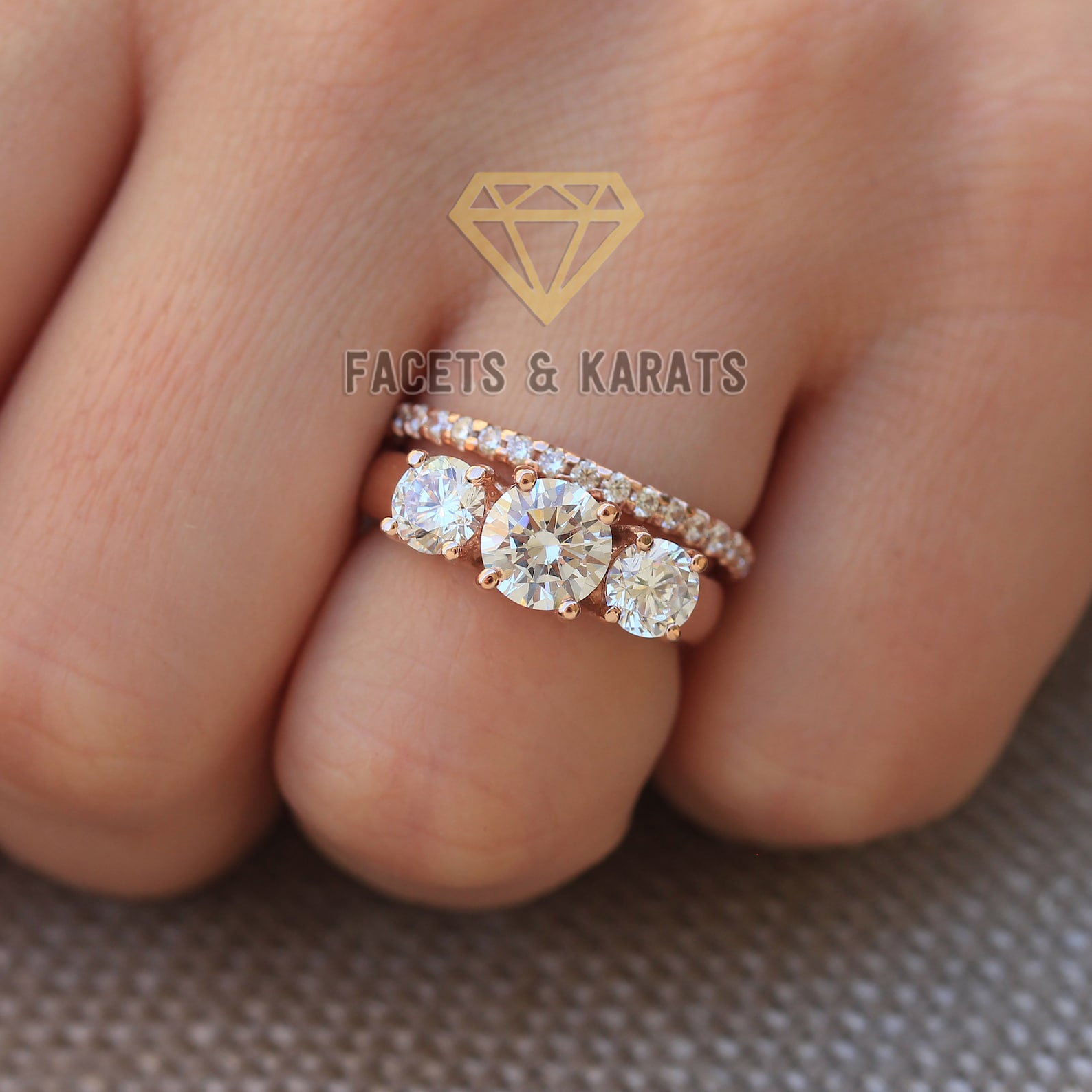 Rose Gold Three Stone Engagement Ring Wedding Ring Set Matching Half ...