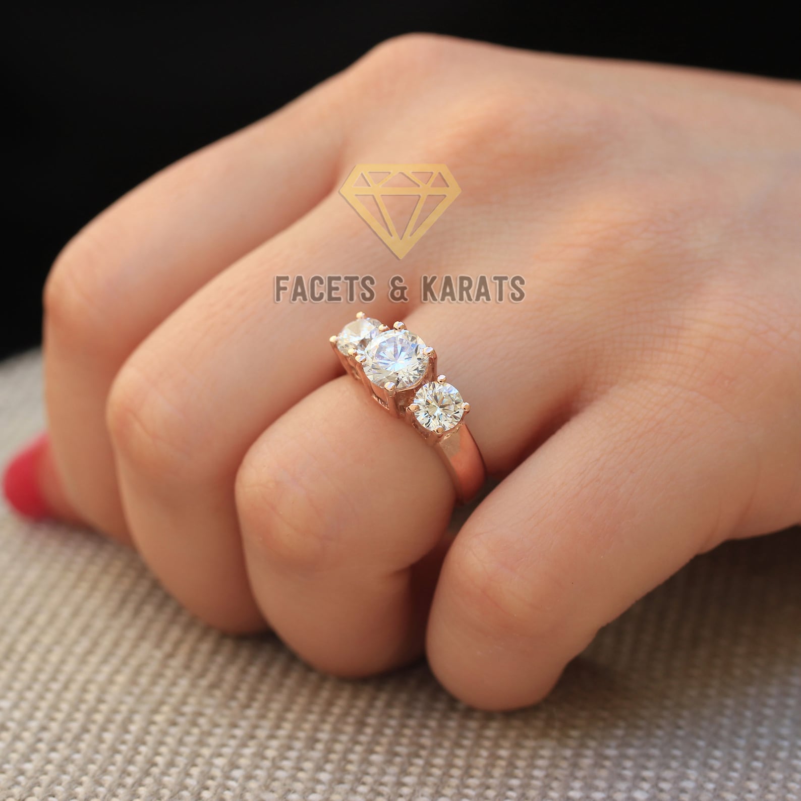 Rose Gold Three Stone Engagement Ring, Anniversary Ring, Past Present ...