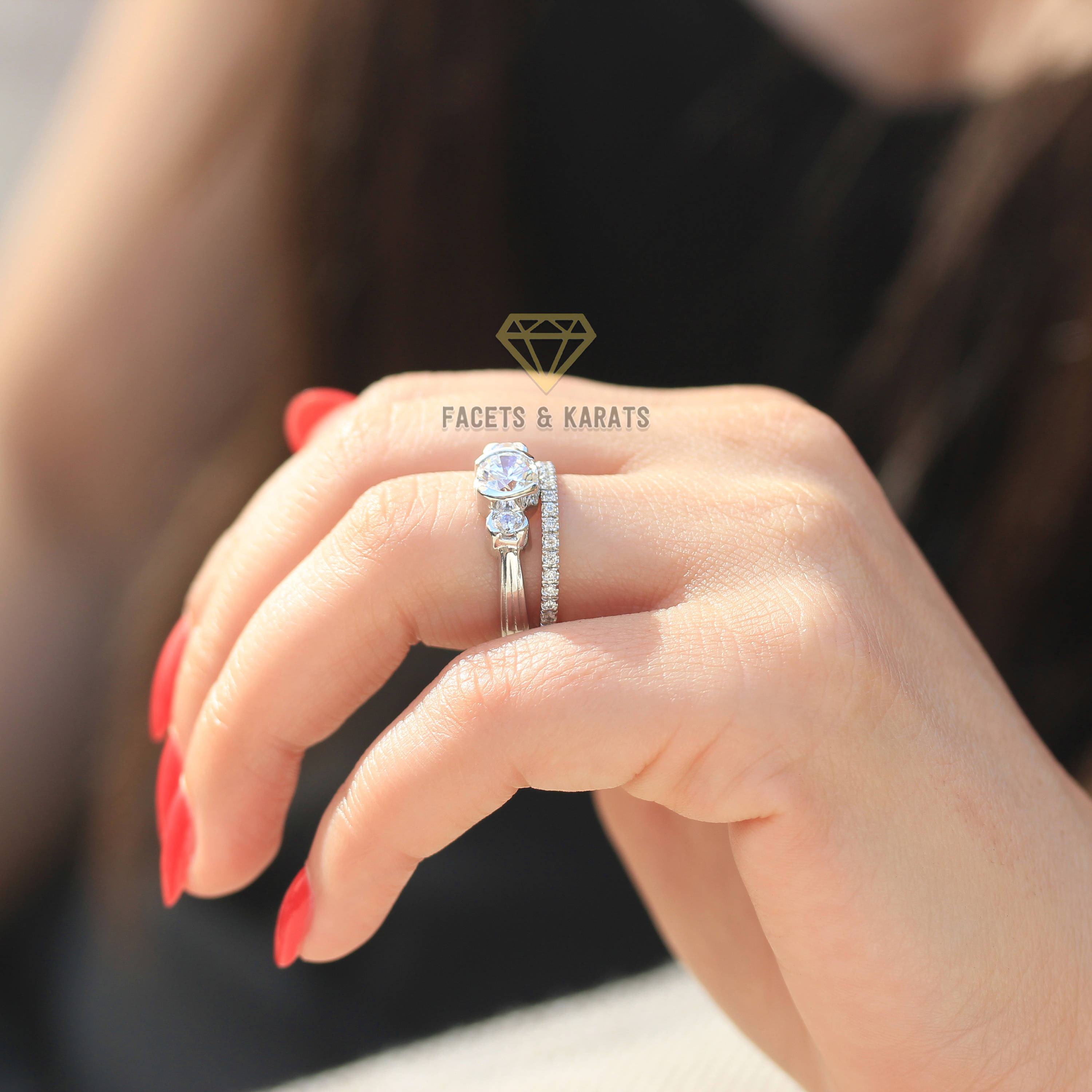 Bezel Set Three Stone Engagement Rings Sets- Wedding Band, 1.75 Carats ...