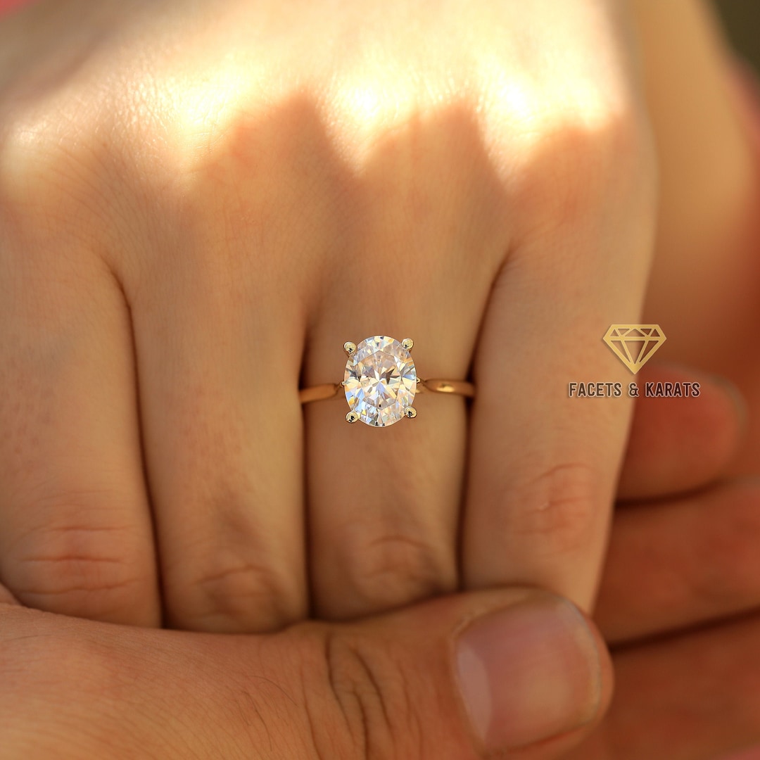 3 Carat Oval Engagement Ring Thin Band 14k Gold Oval Solitaire Ring