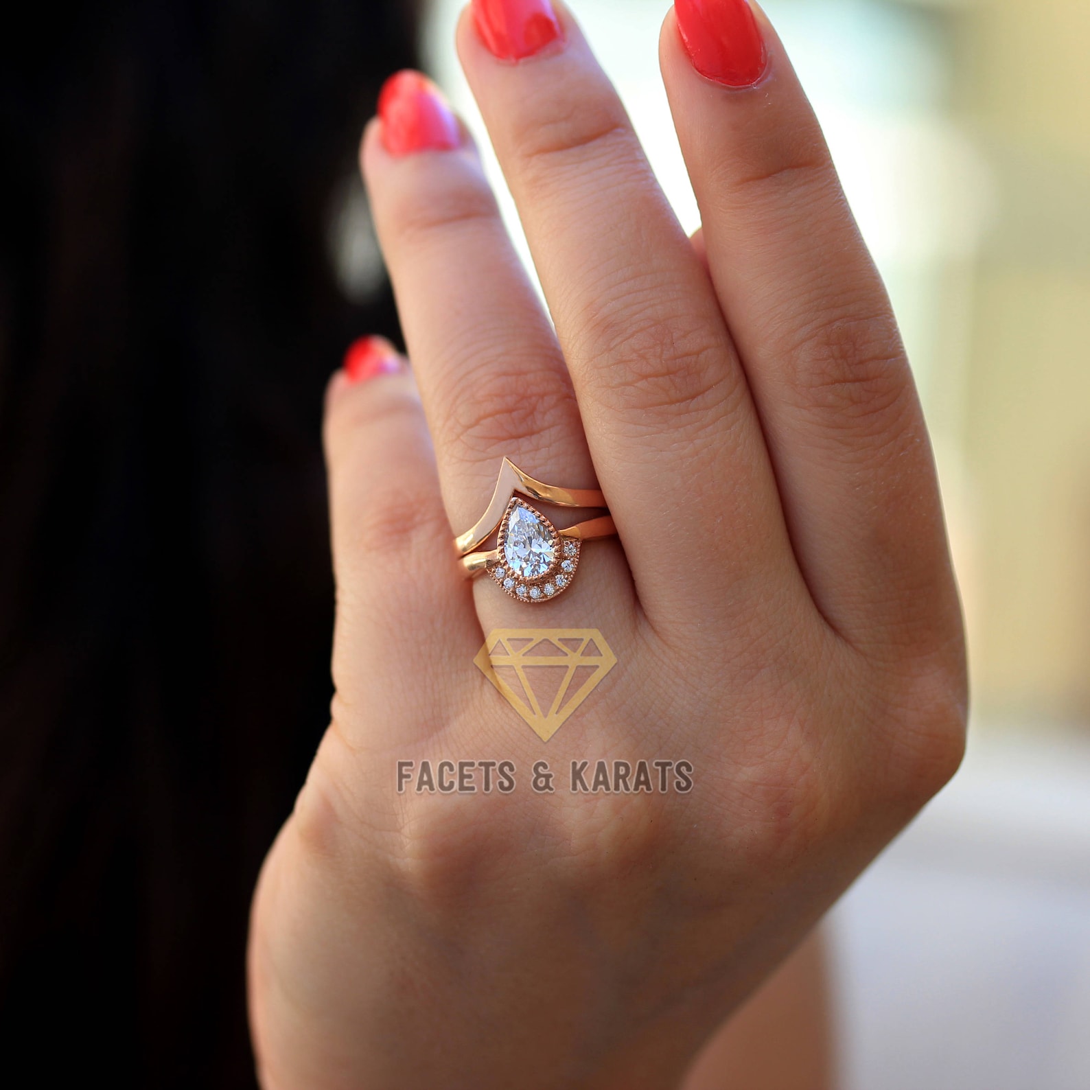 Unique Pear Shaped Engagement Ring Boho Bridal Ring Set V - Etsy