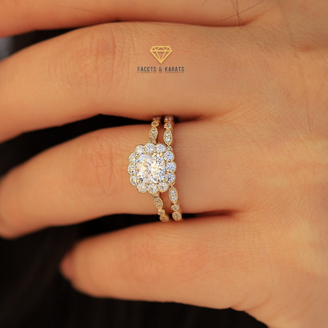 Vintage Wedding Ring Set Cushion Cut Engagement Ring Set, 14K Solid ...
