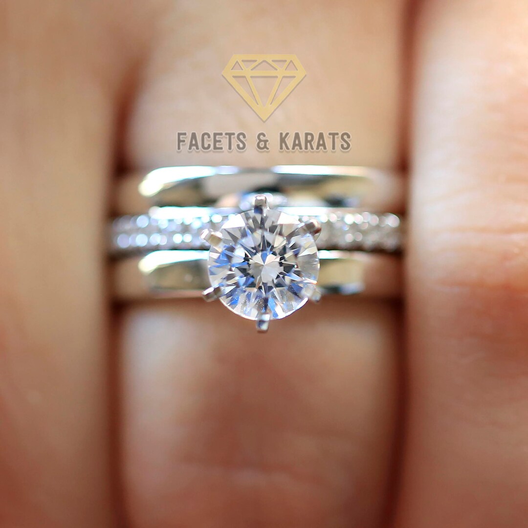 Round Cut Solitaire Engagement Ring With Double Wedding Bands Bridal ...