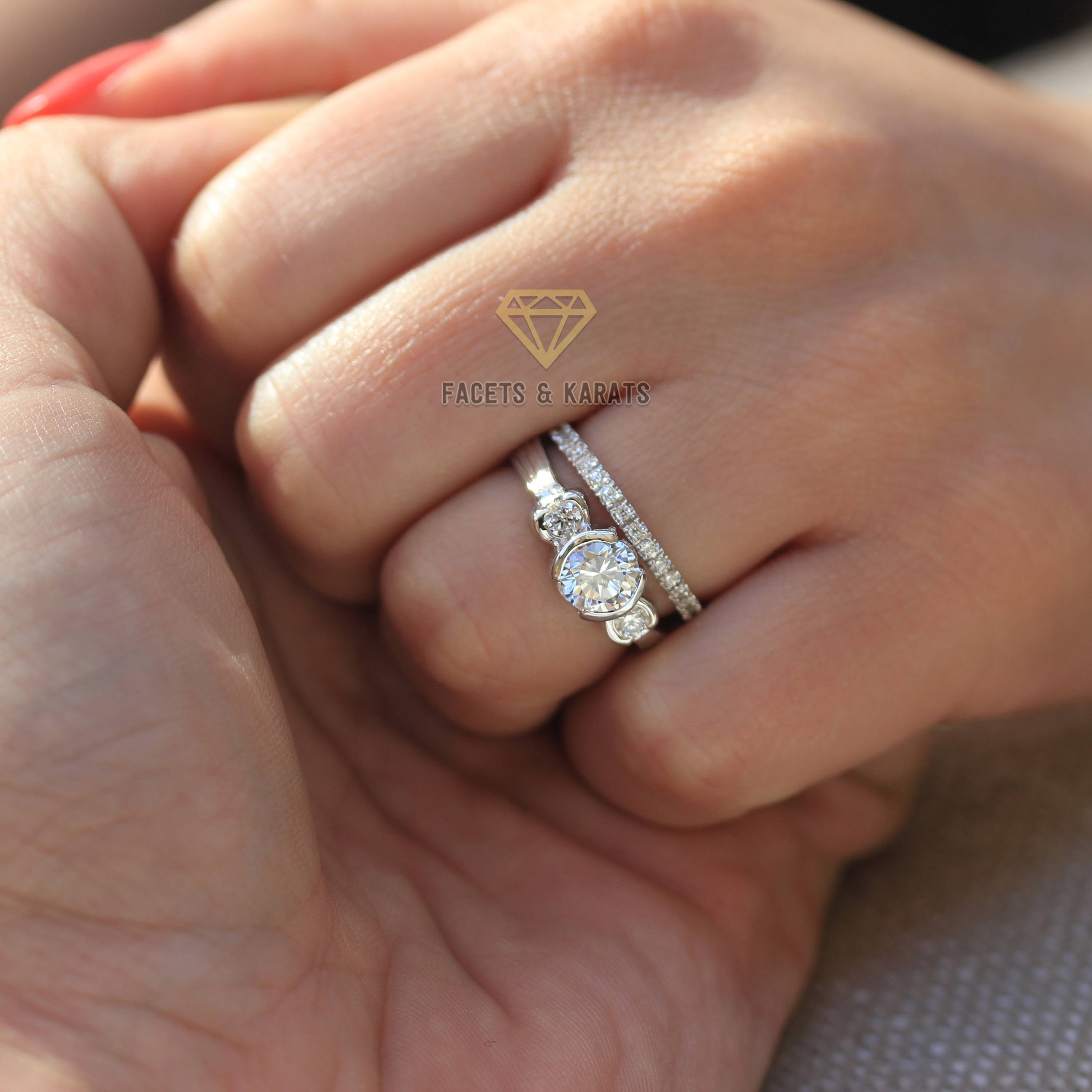 Bezel Set Three Stone Engagement Rings Sets- Wedding Band, 1.75 Carats ...