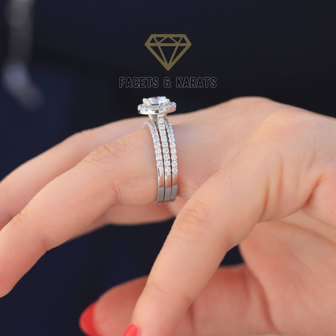 Platinum Engagement Ring and Double Wedding Band Bridal Set - Etsy