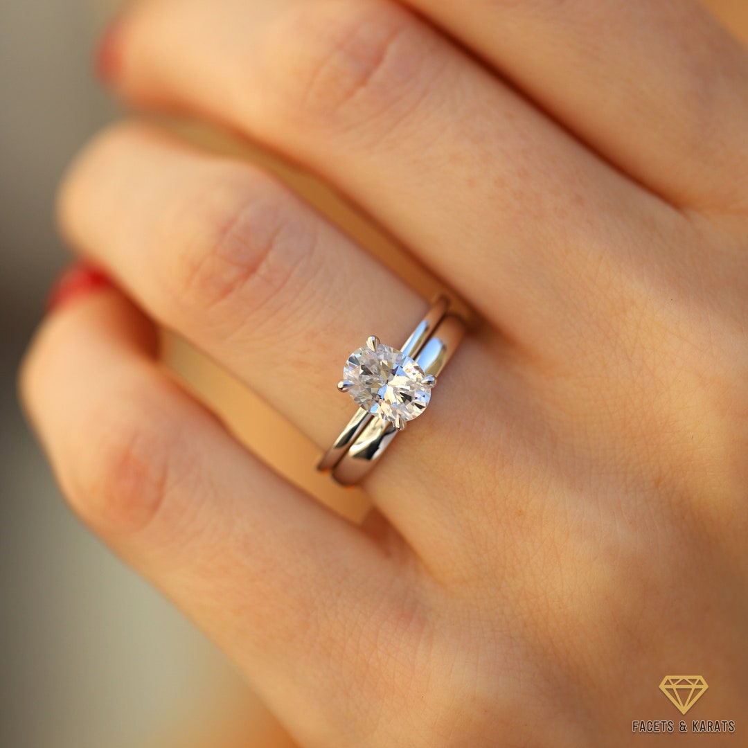 Simple Band and Engagement Ring, Oval Moissanite Solitaire Ring and Plain Gold Wedding Band for ...