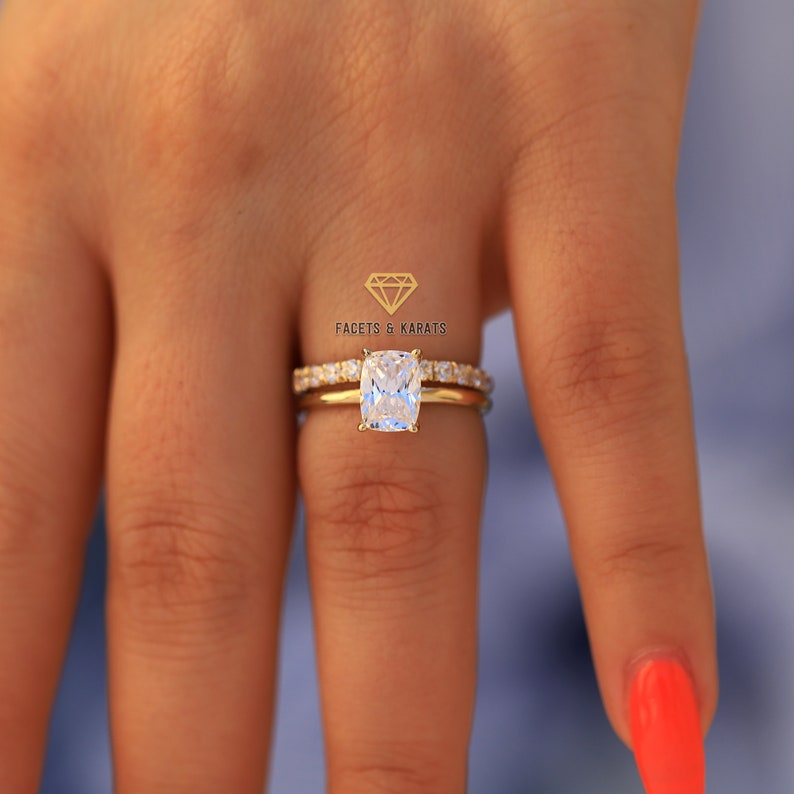 Elongated Cushion Cut Engagement Ring Set Solid 14K Gold Wedding Ring ...