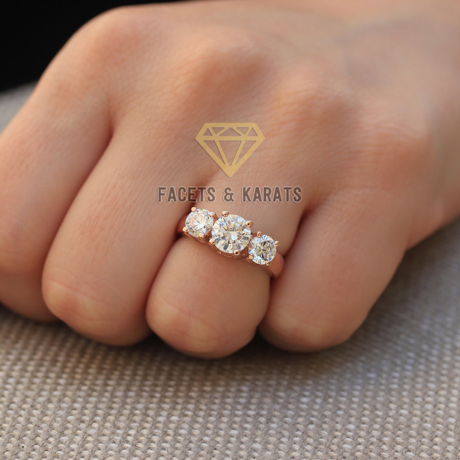 Rose Gold Three Stone Engagement Ring Anniversary Ring Past - Etsy