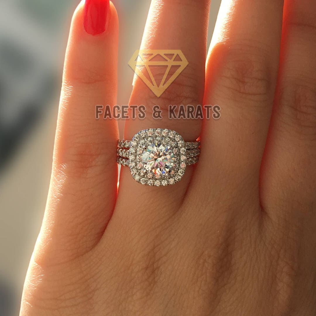 Double Band Engagement Ring Set 14k Solid White Gold Double Halo ...