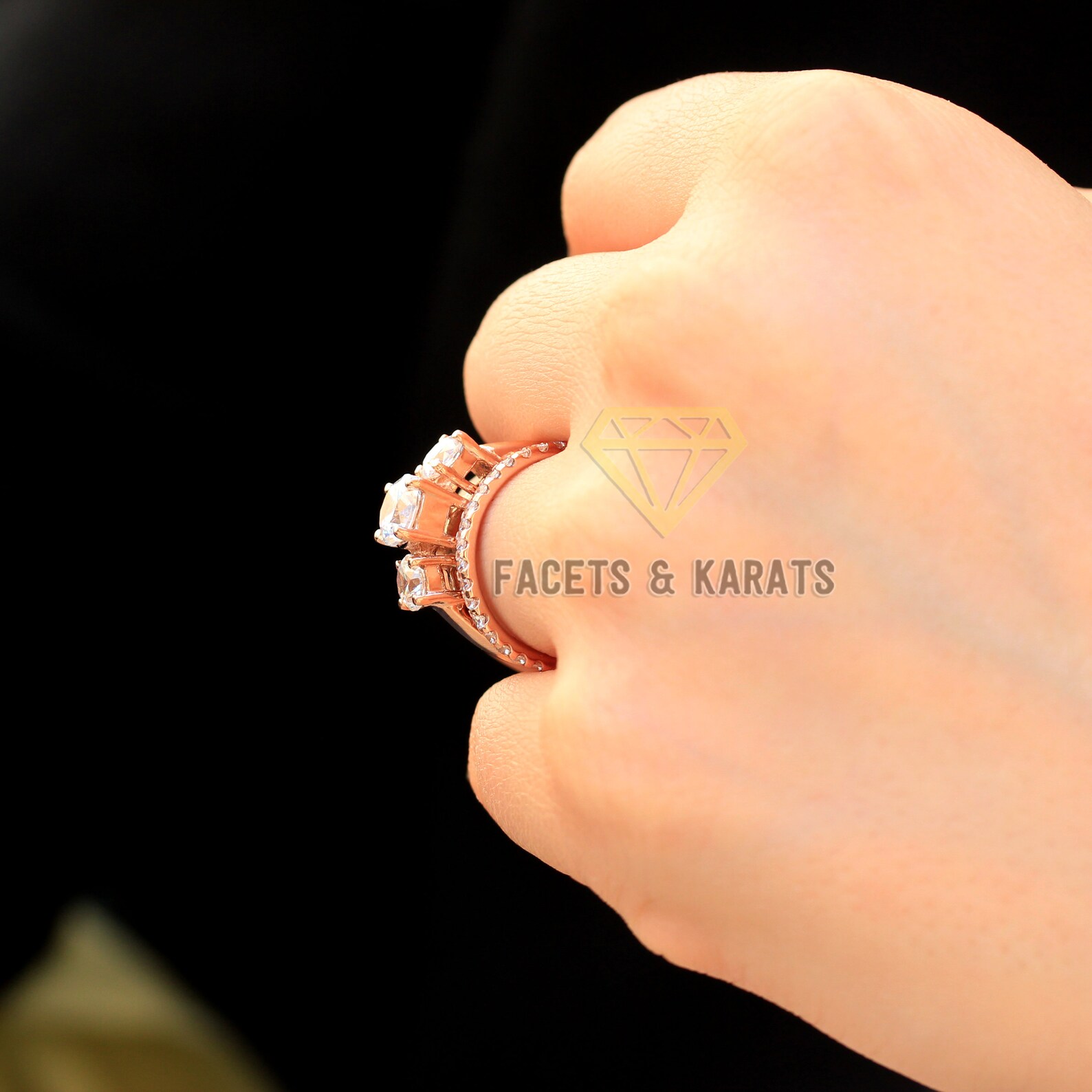 Rose Gold Three Stone Engagement Ring Wedding Ring Set Matching Half ...