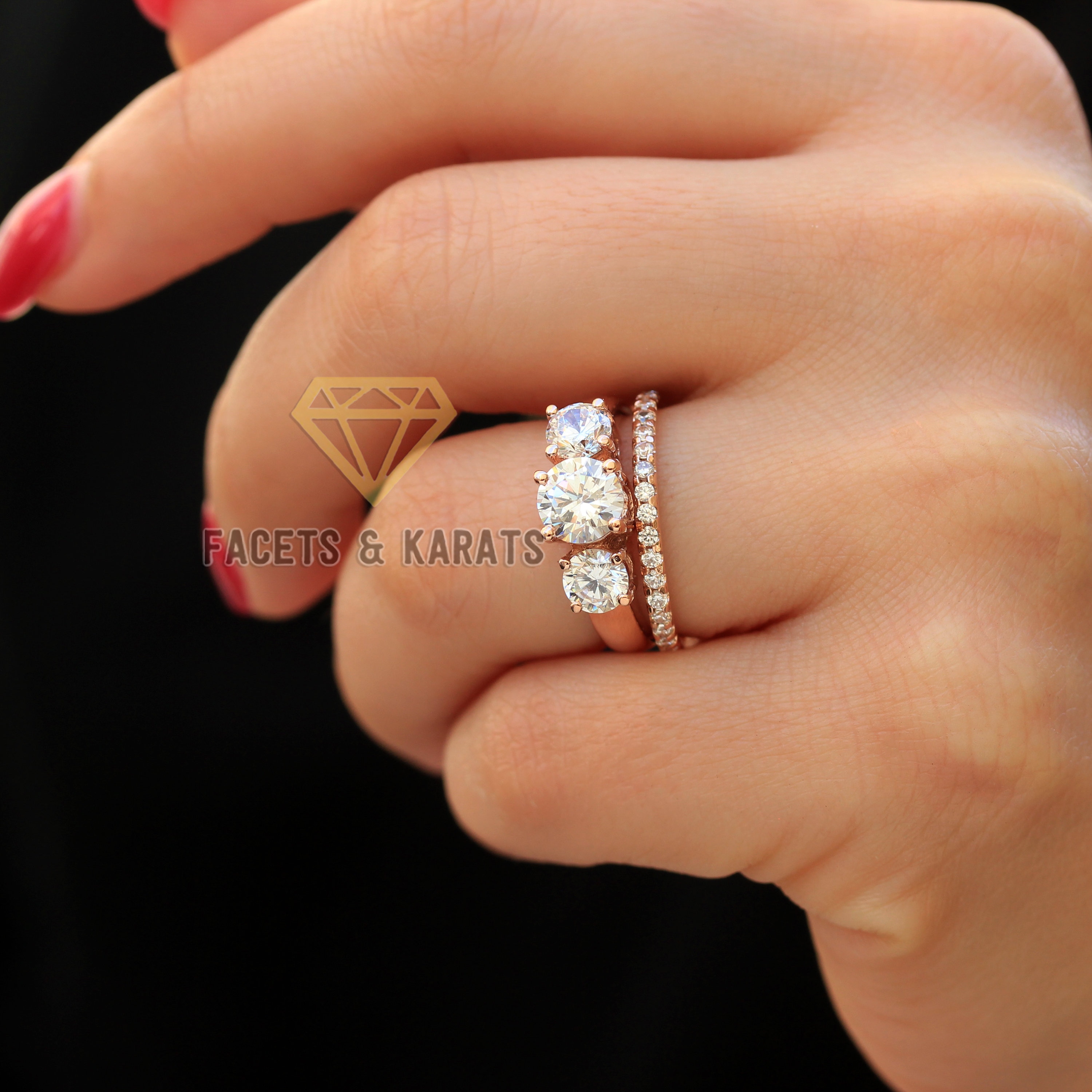 Rose Gold Three Stone Engagement Ring Wedding Ring Set | Etsy