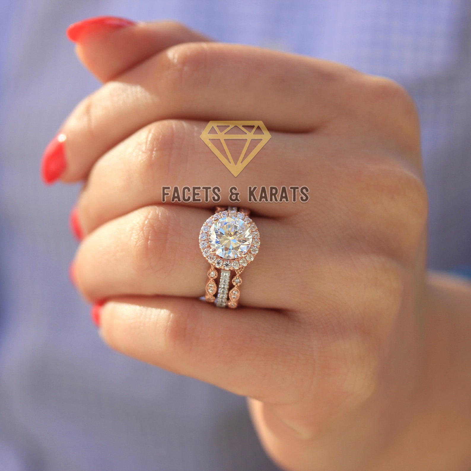 Wedding Ring Set for Her, Wedding Ring 3 Piece Trio Set, 14k Solid Gold ...