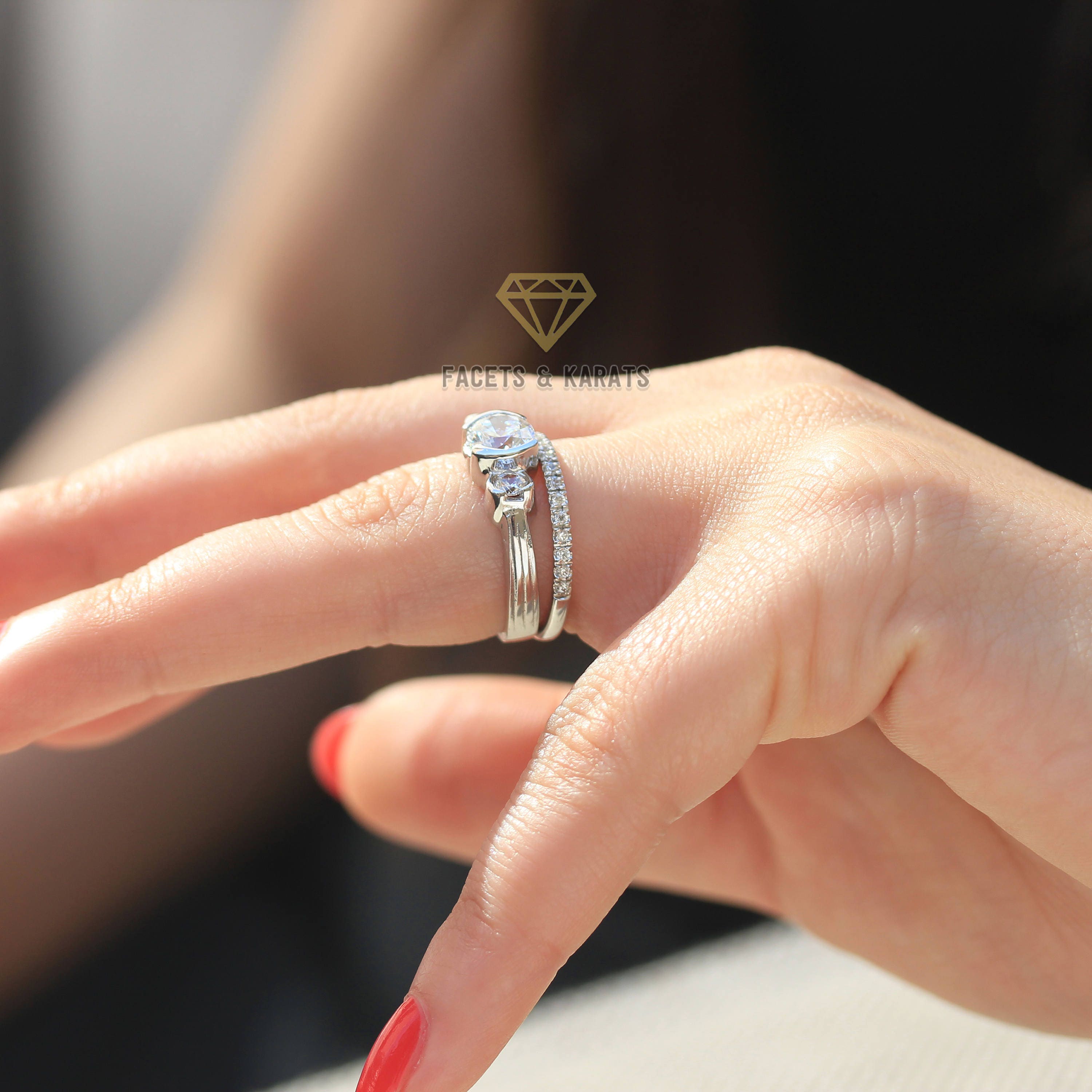 Bezel Set Three Stone Engagement Rings Sets- Wedding Band, 1.75 Carats ...
