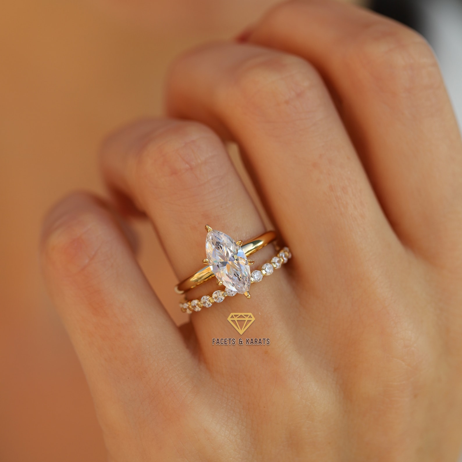 1.5ct Marquise Moissanite Ring & Wedding Band Wedding Ring Set ...