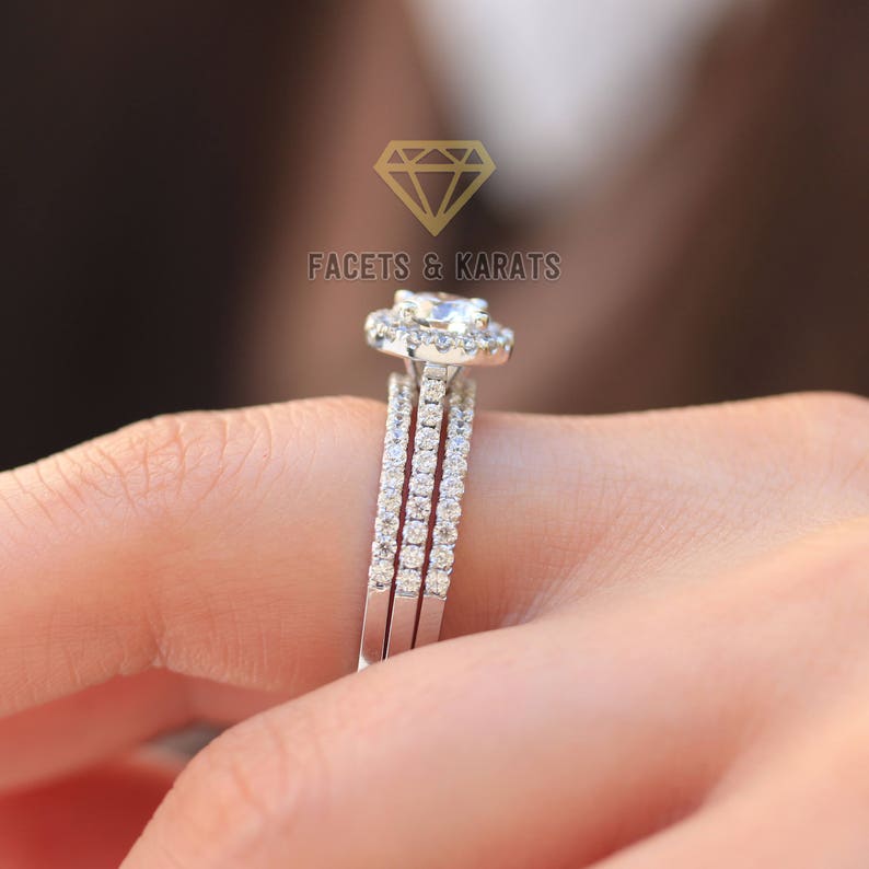 Platinum Engagement Ring and Double Wedding Band Bridal Set - Etsy