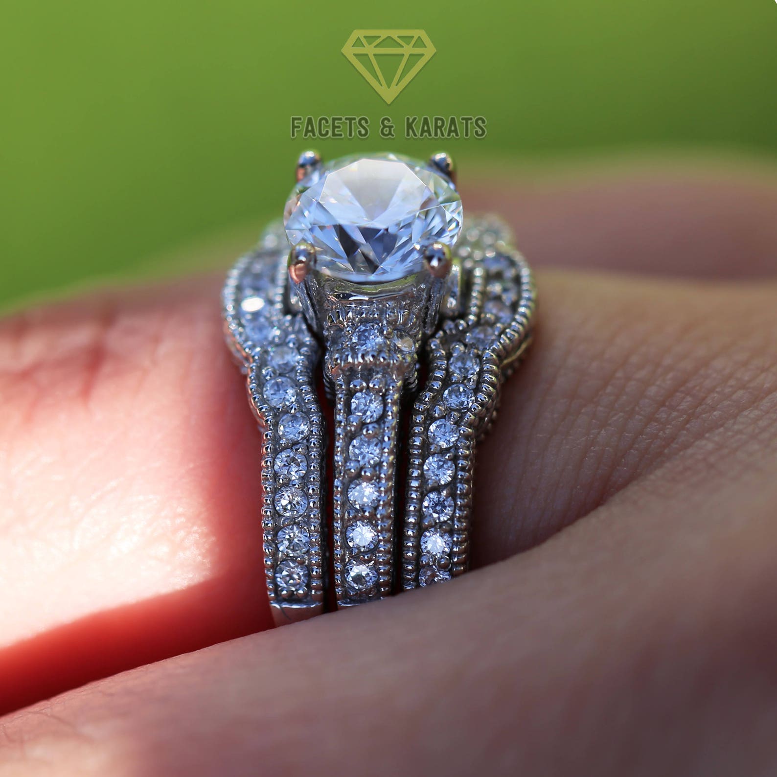 Vintage Style Engagement Ring Set Double Band Wedding Bridal Ring 14k ...