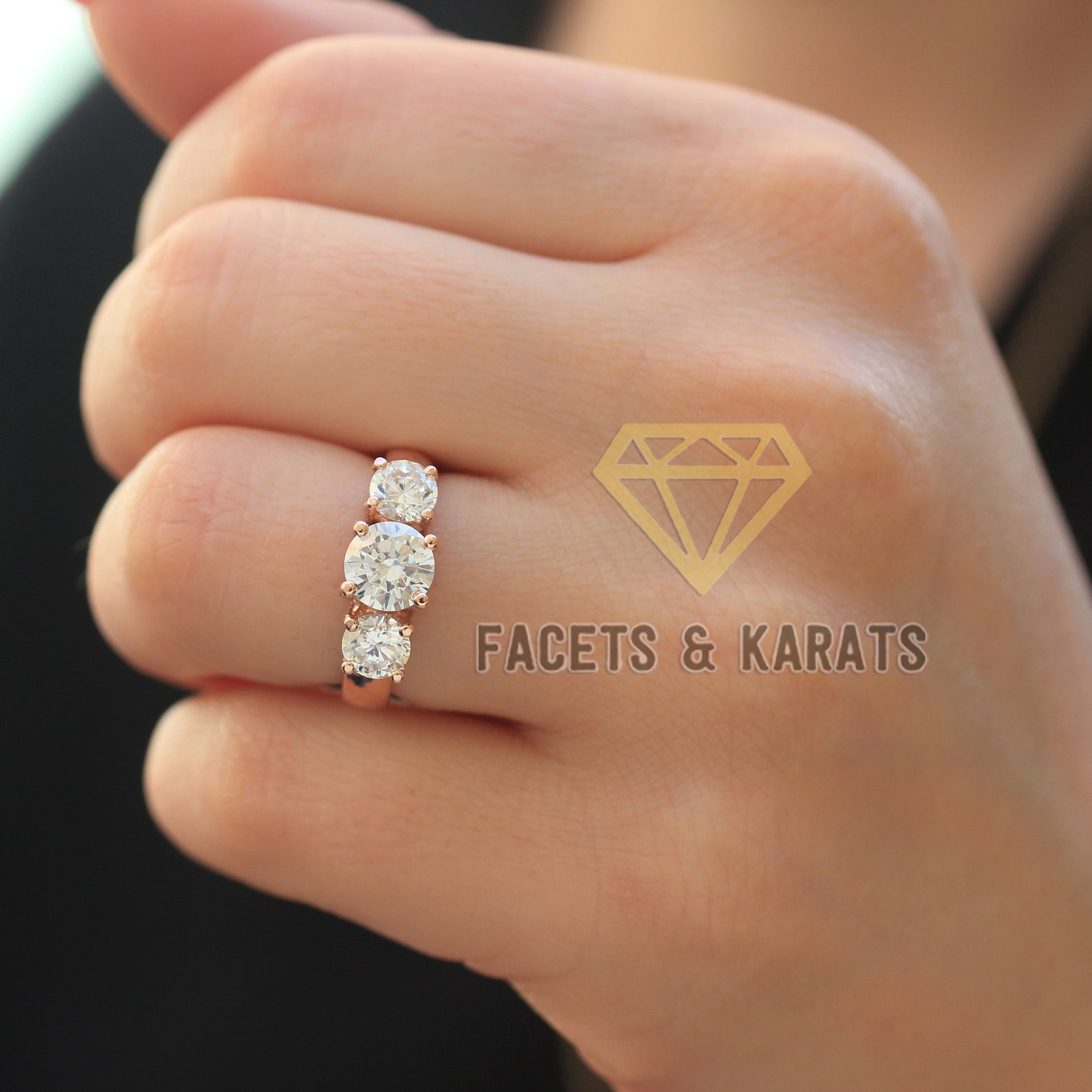 Rose Gold Three Stone Engagement Ring, Anniversary Ring, Past Present ...