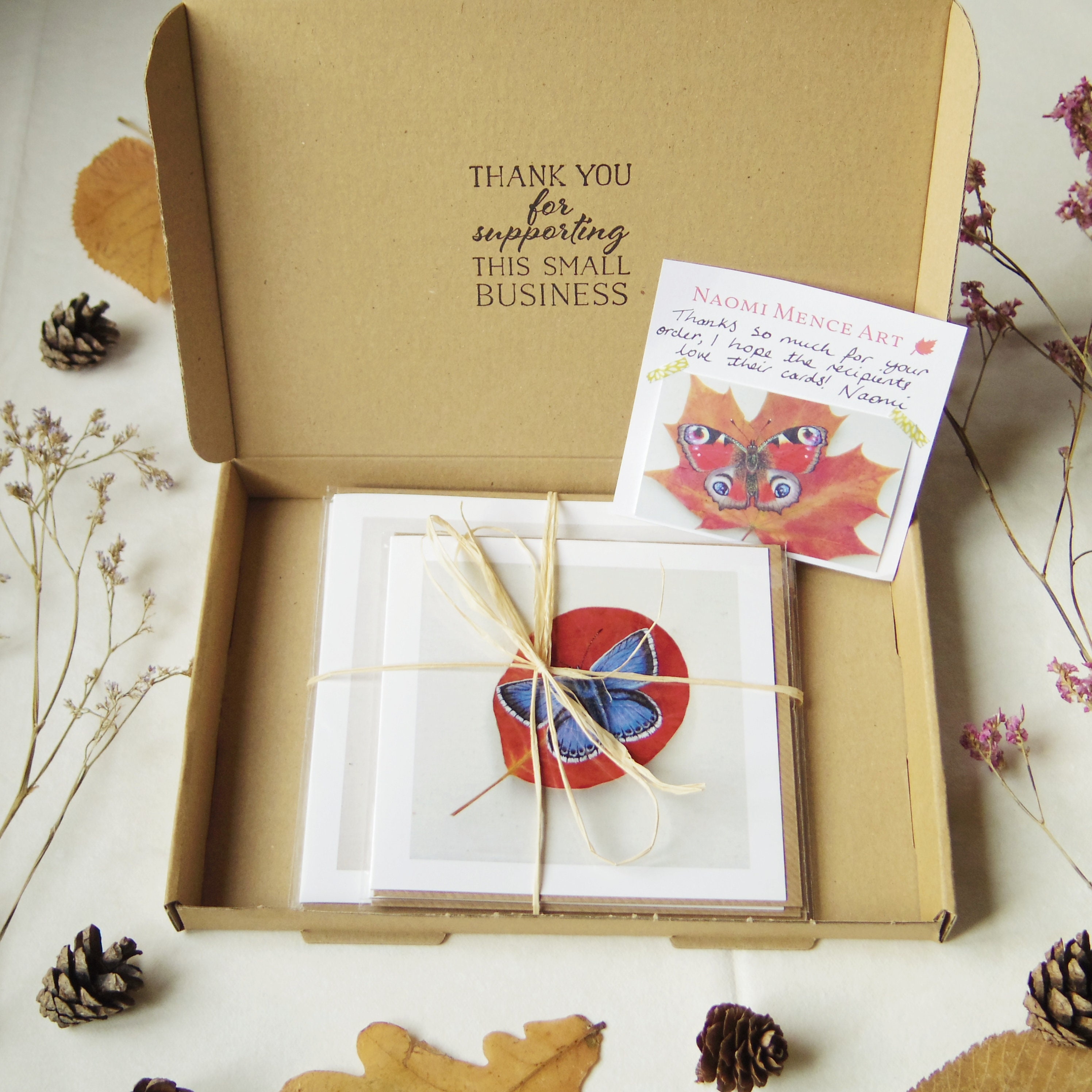 Box of 5 Greetings Cards of Pressed Leaf Nature Paintings. Butterflies ...