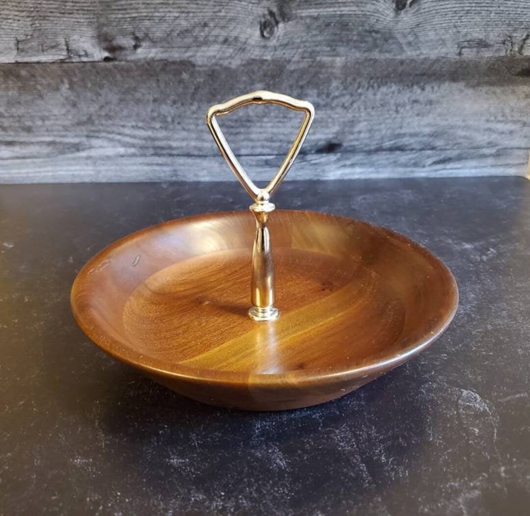 Vintage Ozark Walnutware Tidbit Bowl With Gold Metal Handle. Mid ...