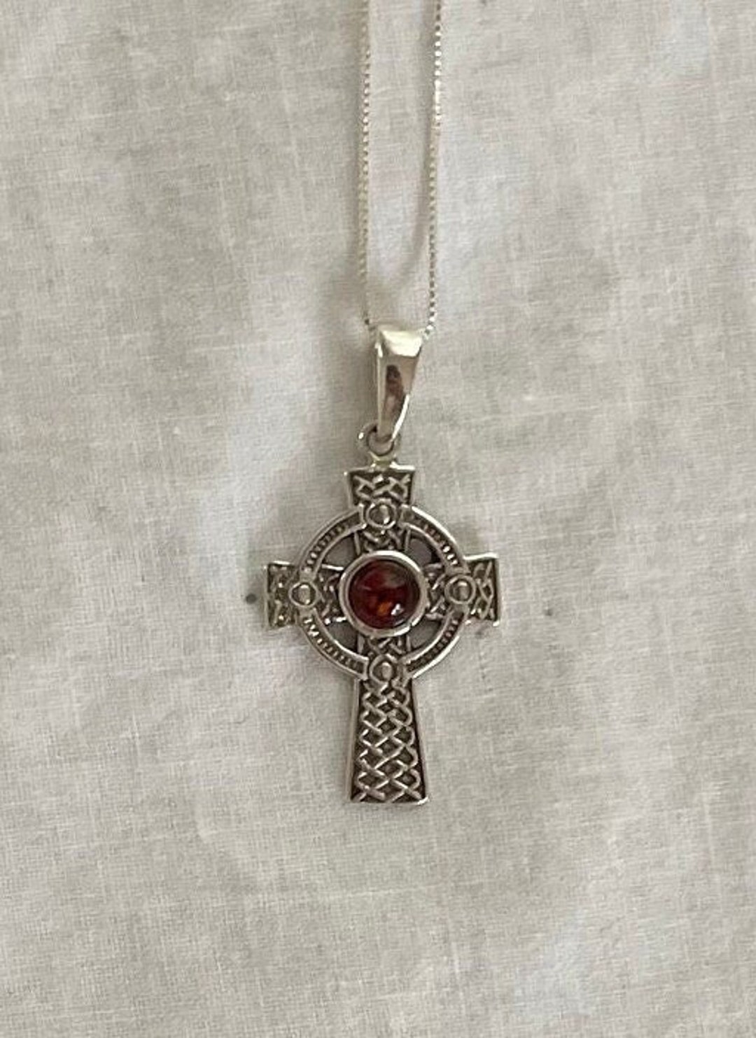 Celtic Cross Pendant With Cognac Baltic Amber Round Center on 18" 925 ...