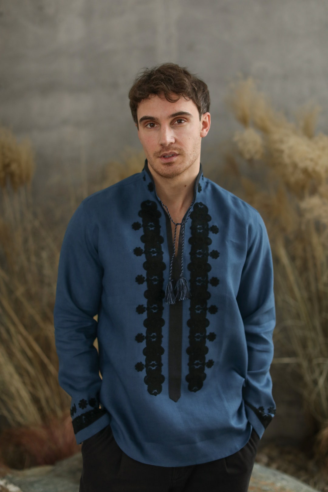 2024 Blue Ukrainian Shirt for Men Linen Shirt, Men's Embroidered Shirt ...