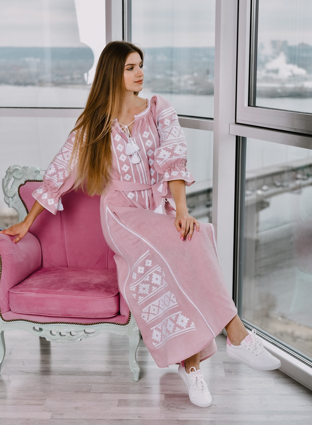 Pink Ukrainian Vyshyvanka Dress Boho. Gift for Her. Gift for Wife. Gift ...