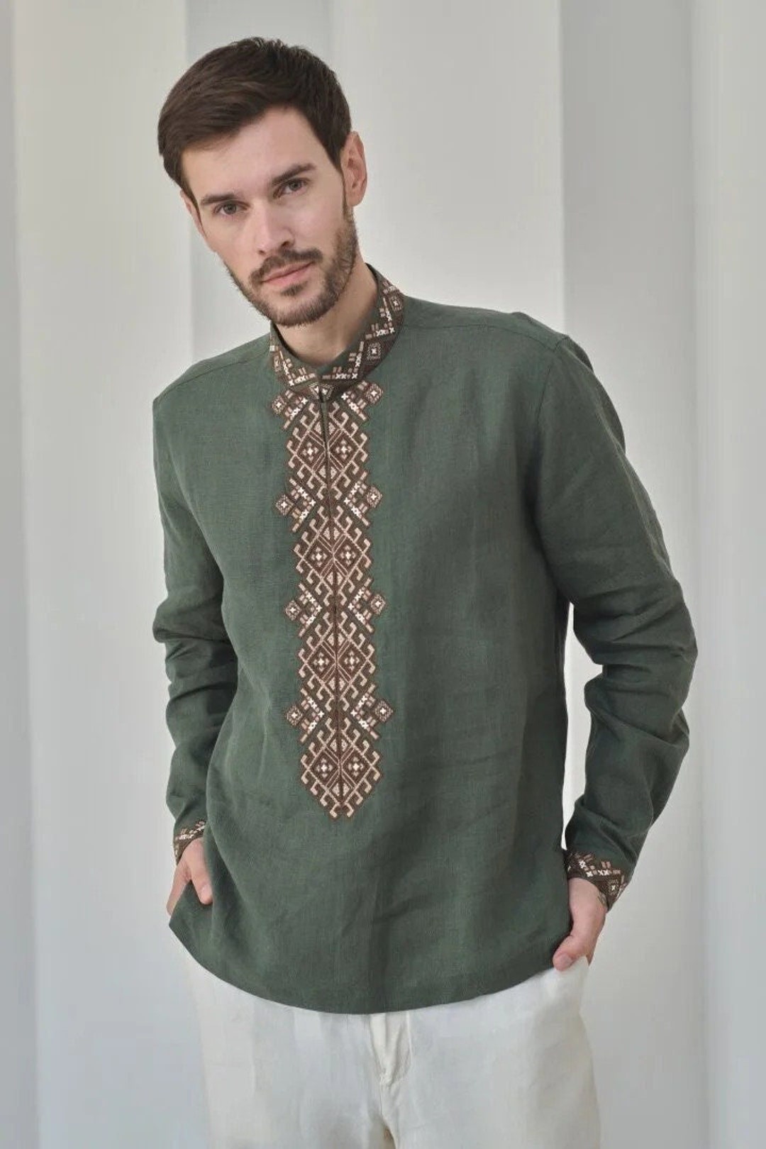 2024 Green Ukrainian Shirt for Men. Linen Shirt, Men's Embroidered ...
