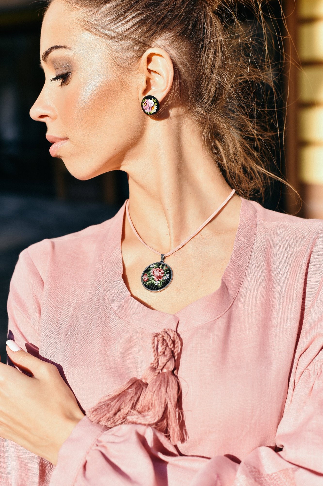 Embroidered Necklace With Hand Embroidery, Embroidered Pendant on the ...