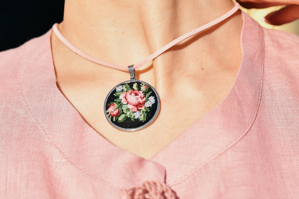 Embroidered Necklace With Hand Embroidery Embroidered Pendant - Etsy