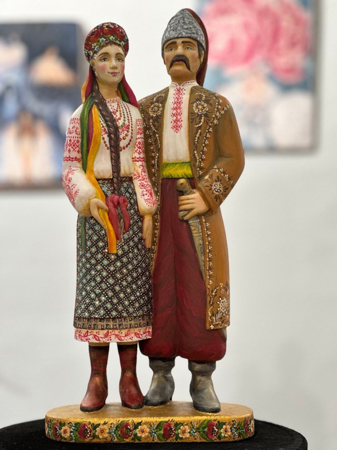 Hand Painted Wooden Couple Statue, Handmade Wooden Figurines Made in ...