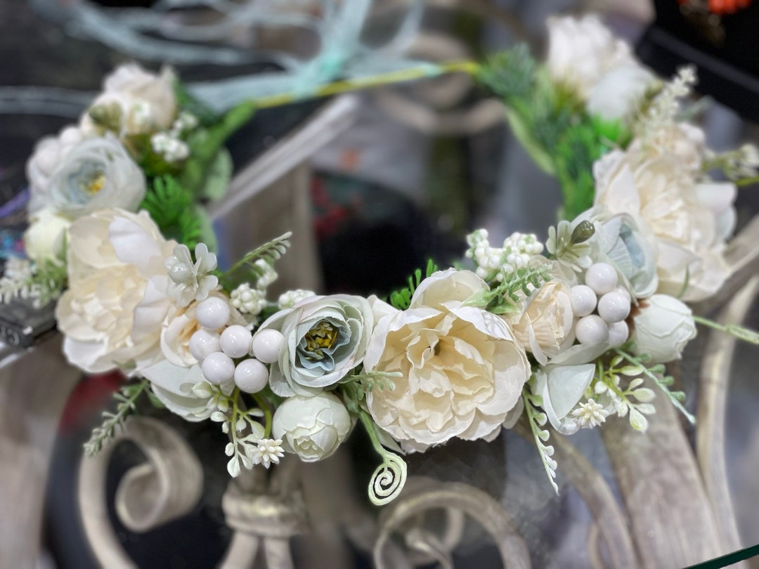 White Flower Crown: Boho Wedding Floral Halo Headband - Etsy