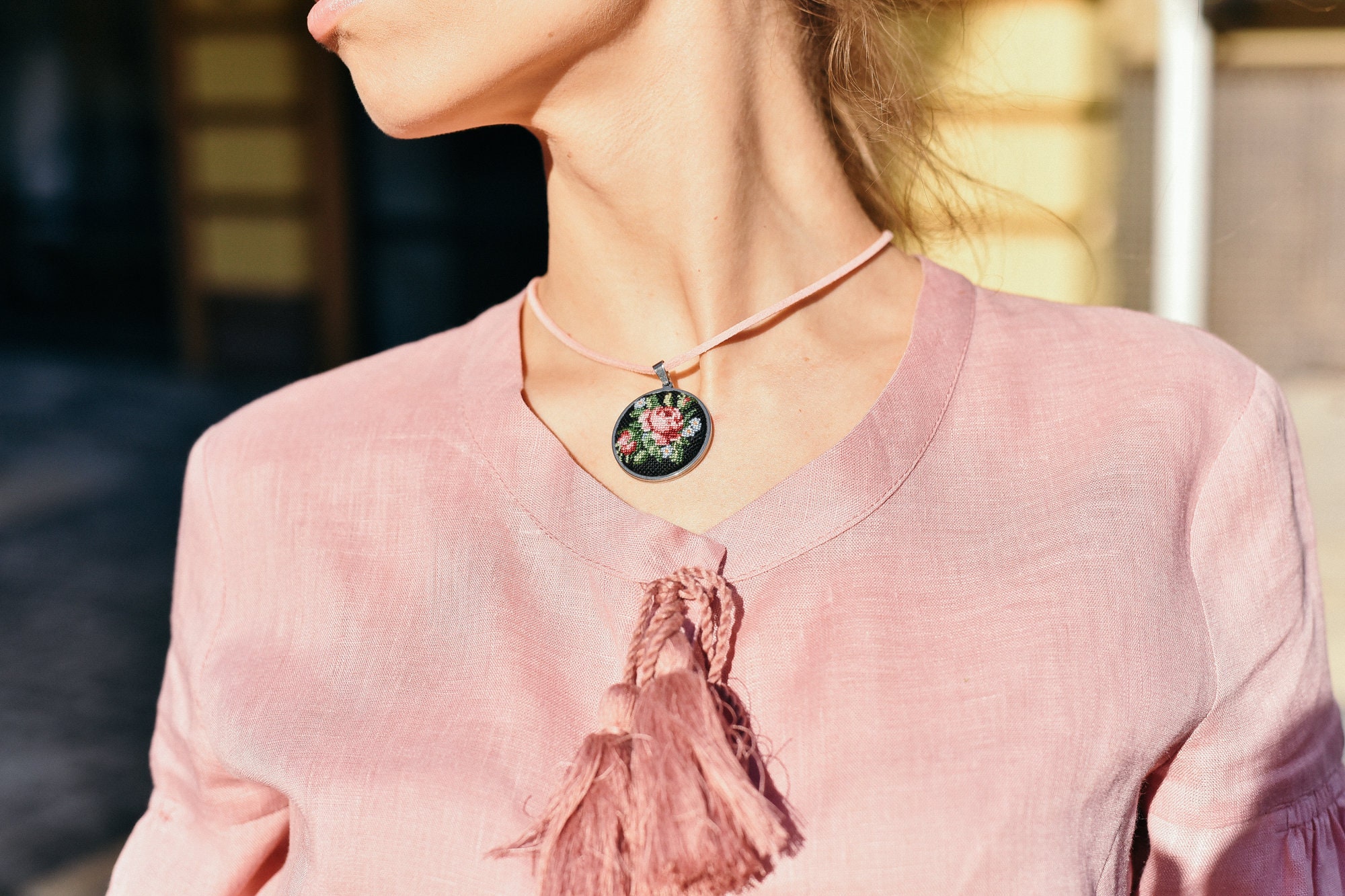 Embroidered Necklace With Hand Embroidery Embroidered Pendant - Etsy