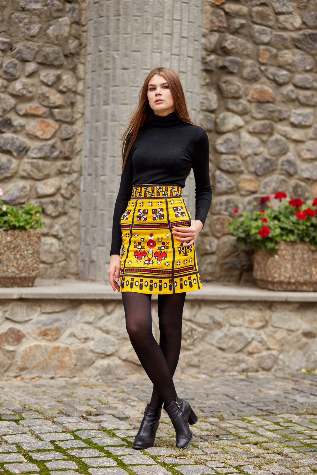 Yellow Ukrainian Embroidered Vyshyvanka Linen Skirt Vyshyvanka Linen ...