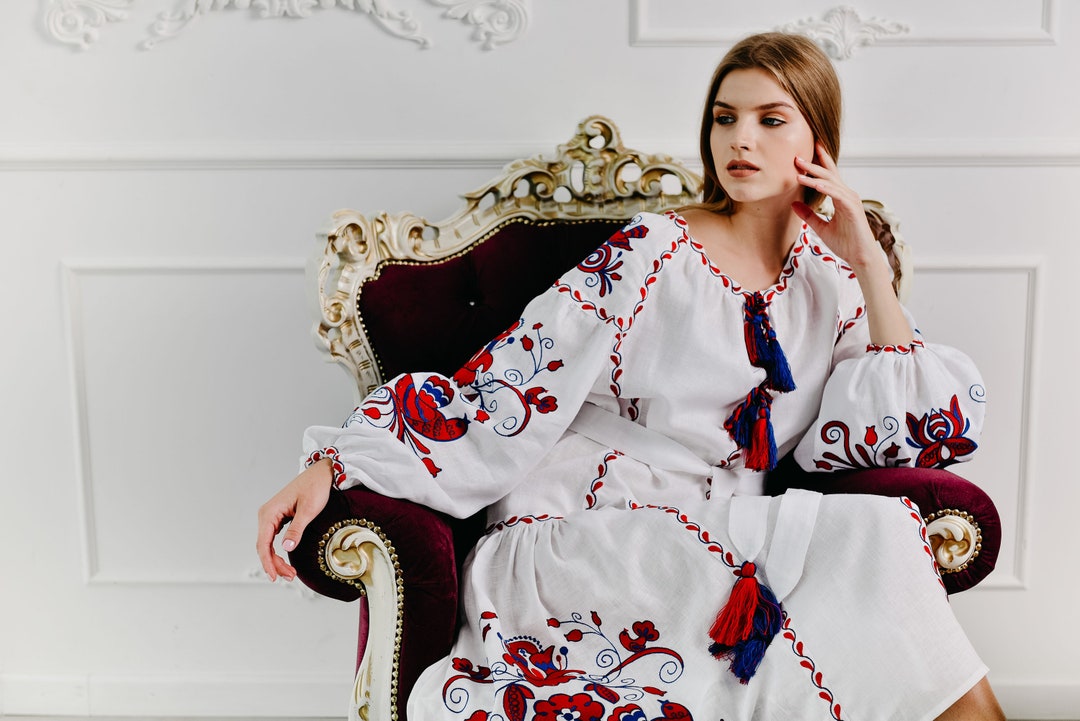 2024 White Embroidered Wedding Dress, Ukrainian Vyshyvanka Linen Dress ...