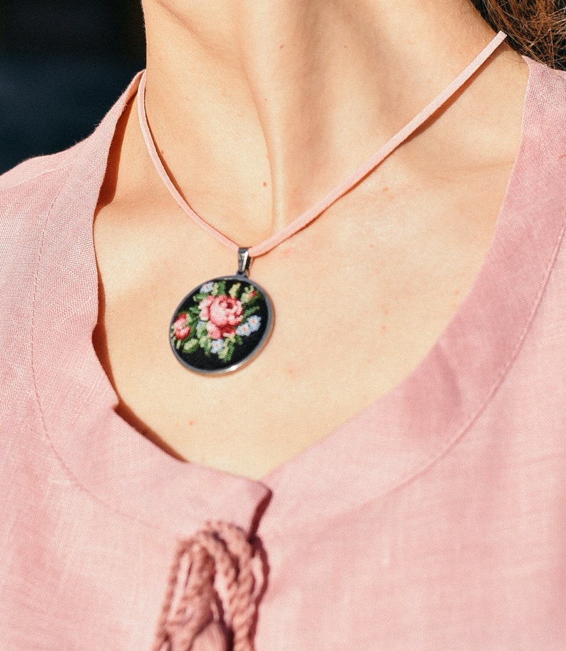 Embroidered Necklace With Hand Embroidery Embroidered Pendant - Etsy