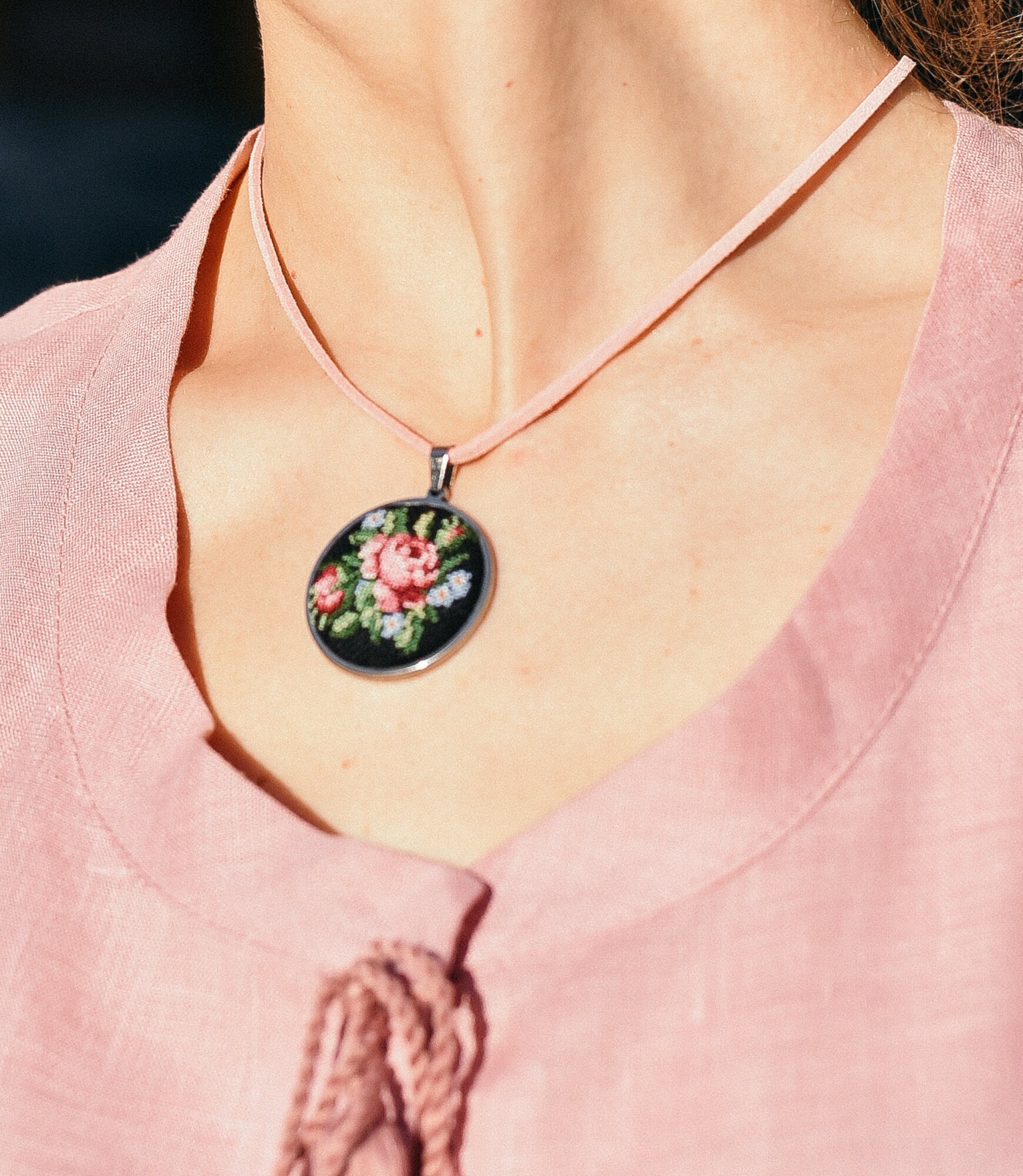Embroidered Necklace With Hand Embroidery Embroidered Pendant - Etsy
